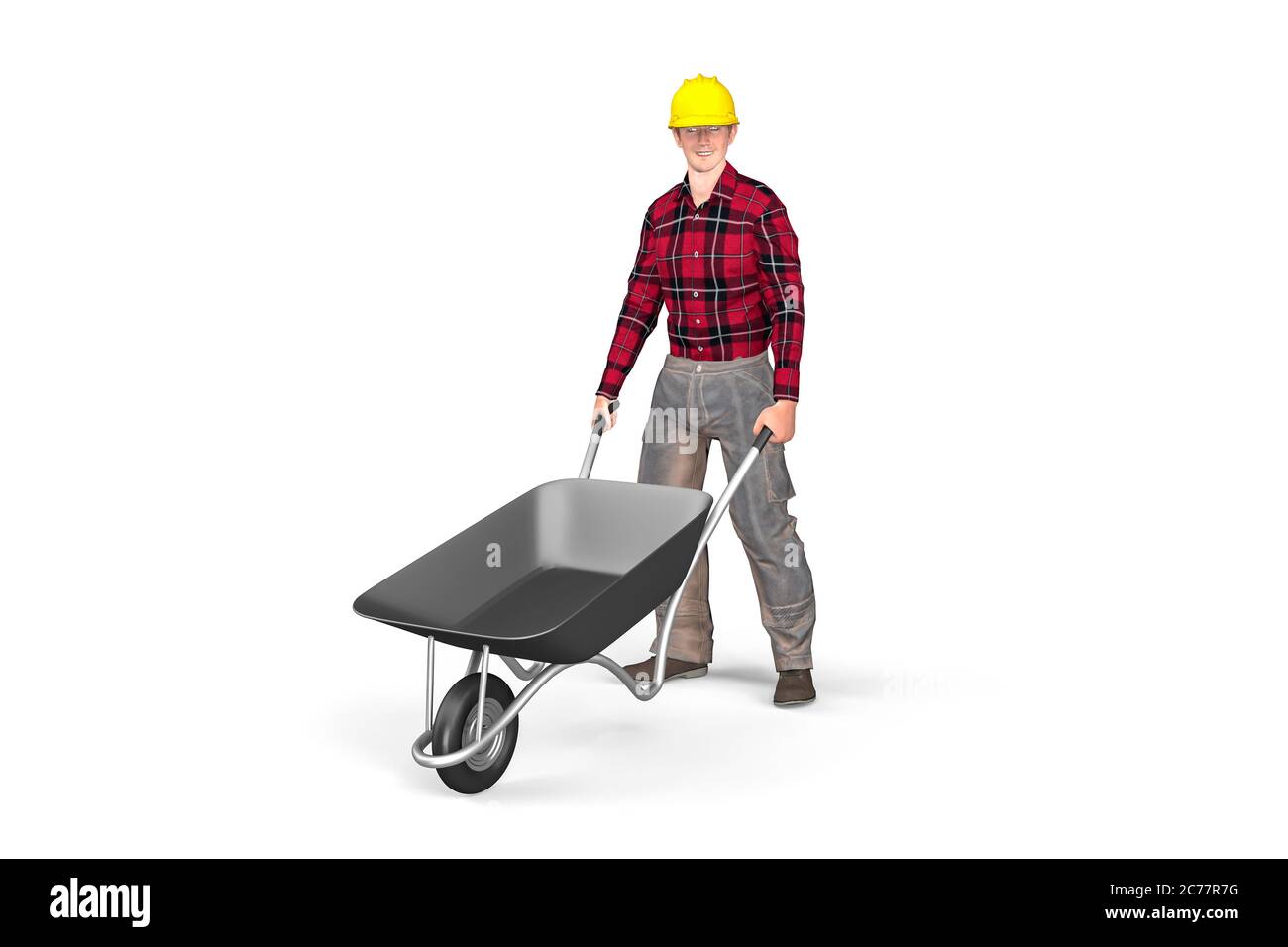Smiling construction worker standing holding a wheelbarrow in hands ...