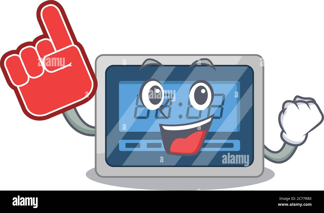 Digital timer in cartoon drawing character design with Foam finger ...