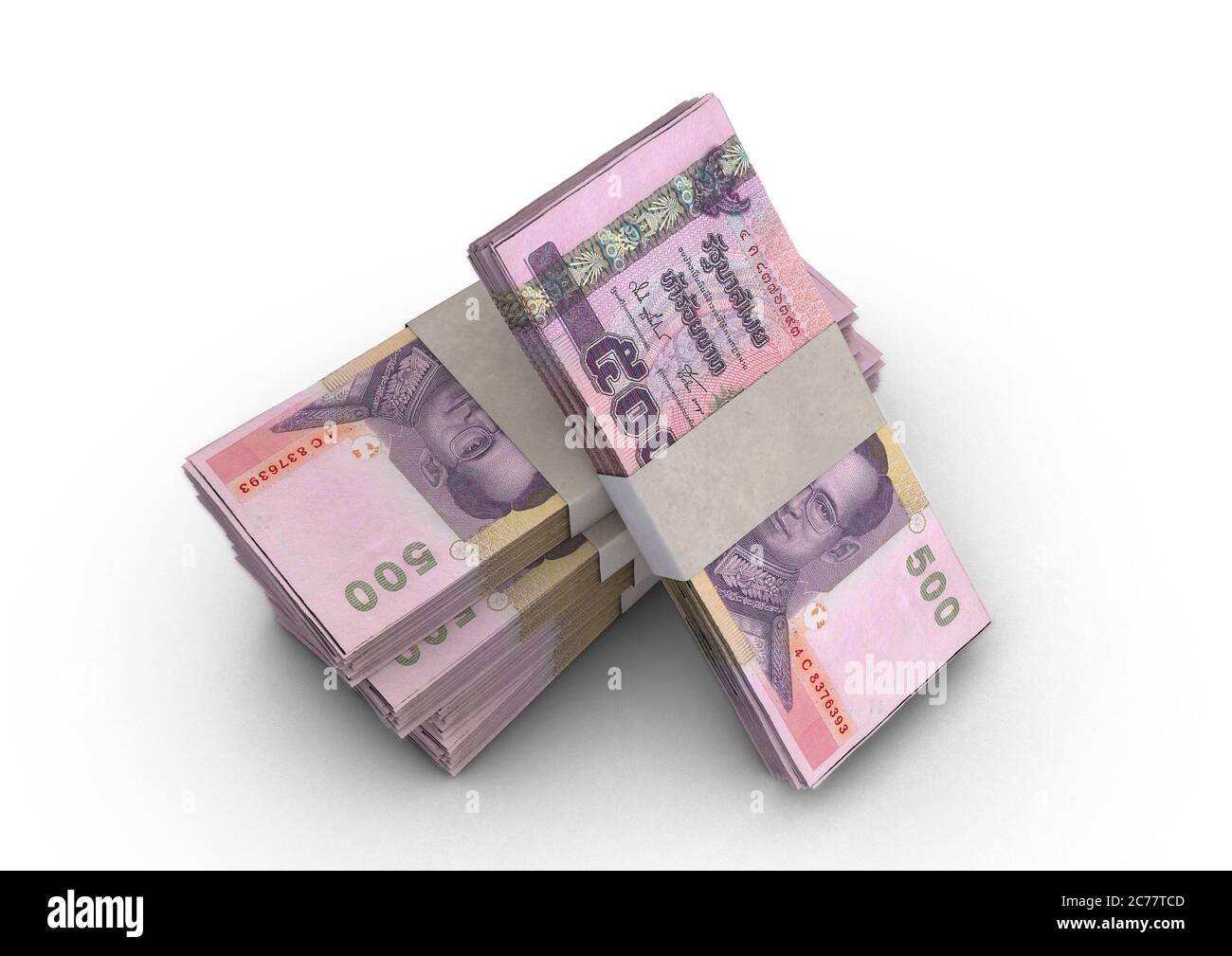 A stack of bundled Thailand baht banknotes on an isolated background ...