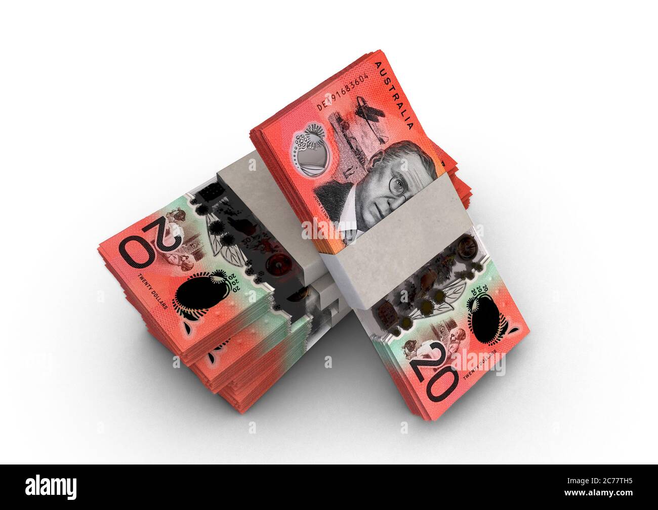 A stack of bundled australia dollar banknotes on an isolated background ...