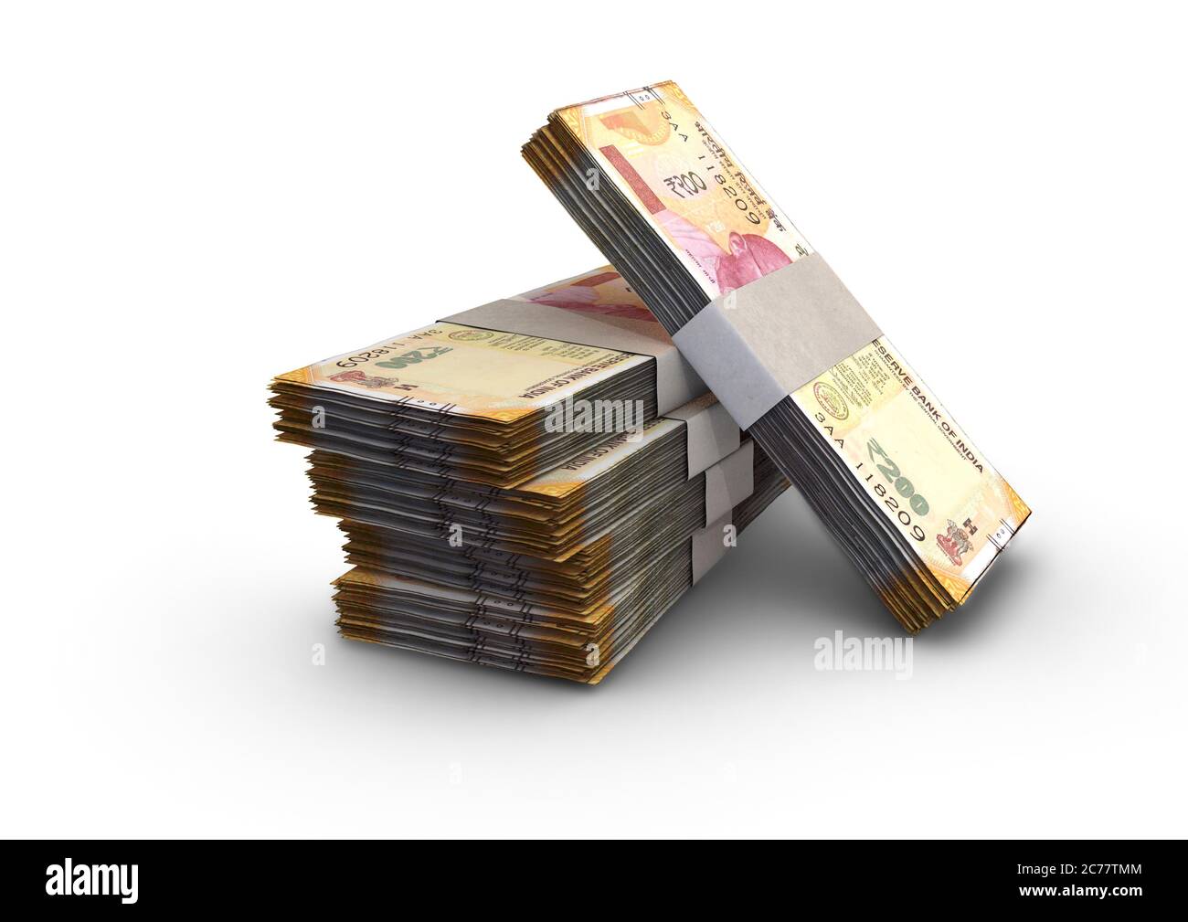 A stack of bundled Indian Rupee banknotes on an isolated background ...