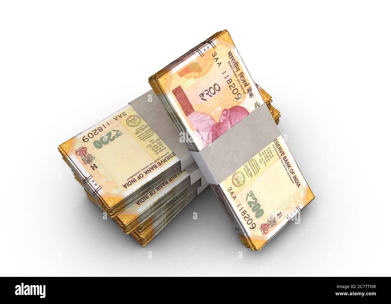A stack of bundled Indian Rupee banknotes on an isolated background ...