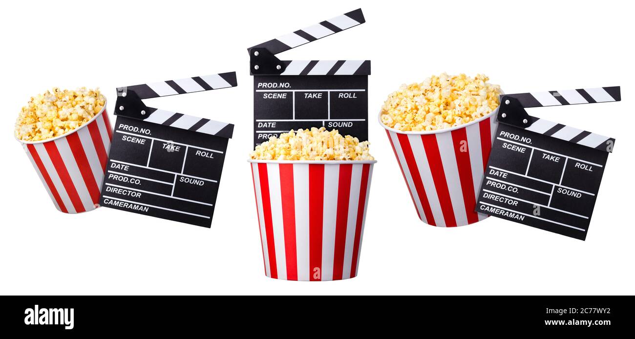 Flying popcorn and film clapper board isolated on white background ...