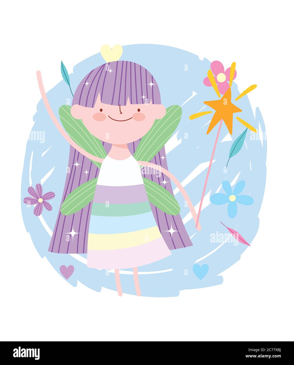 winged little fairy princess tale cartoon with flowers and magic wand ...
