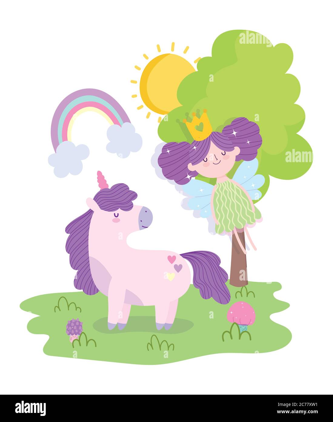 flying little fairy princess with magic unicorn tale cartoon vector ...