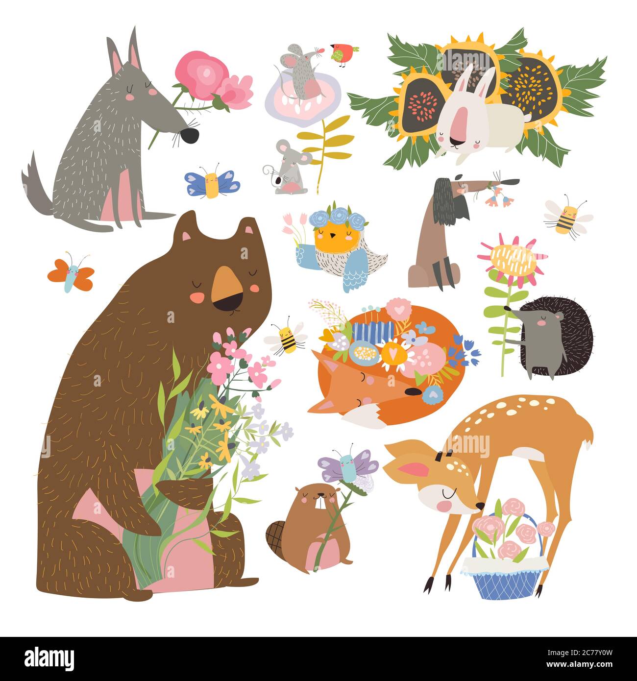 Cartoon set with cute animals holding bouquet of flowers Stock Vector ...