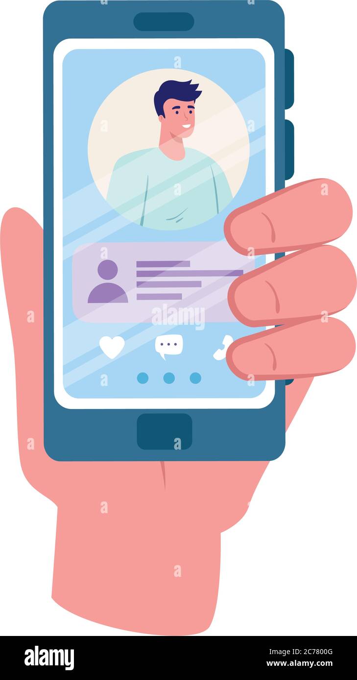 Hand holding smartphone with man and chatting bubble vector design ...