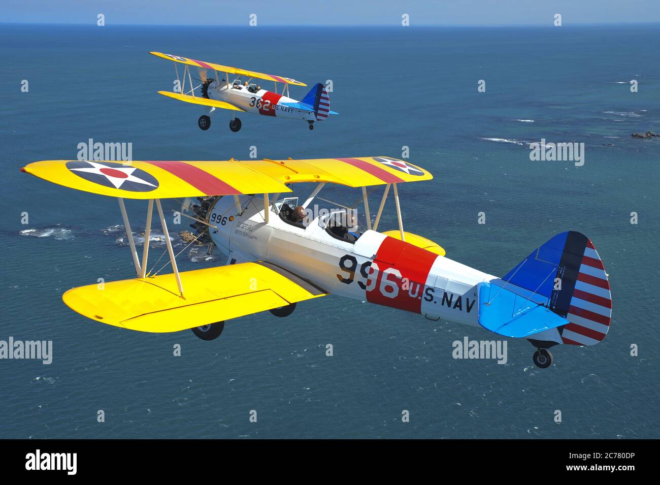 An air to air portrait of two restored 1940's US Navy Boeing Stearman ...
