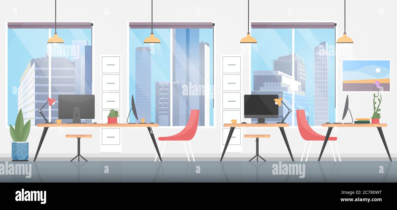 Office room interior flat vector illustration. Cartoon empty creative ...