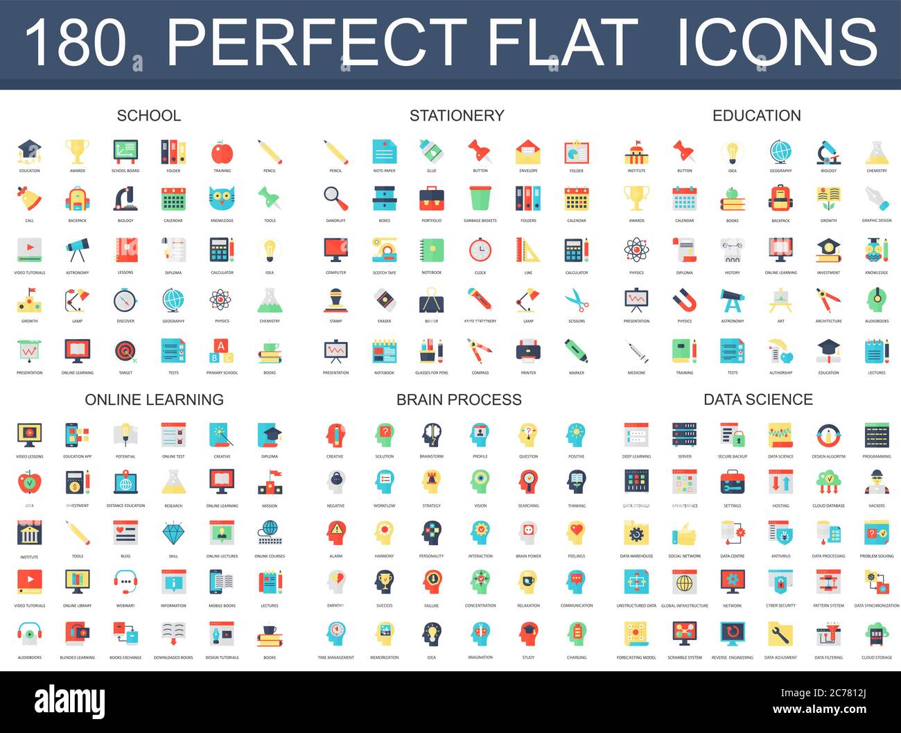 180 modern flat icons set of school, stationery, education, online ...