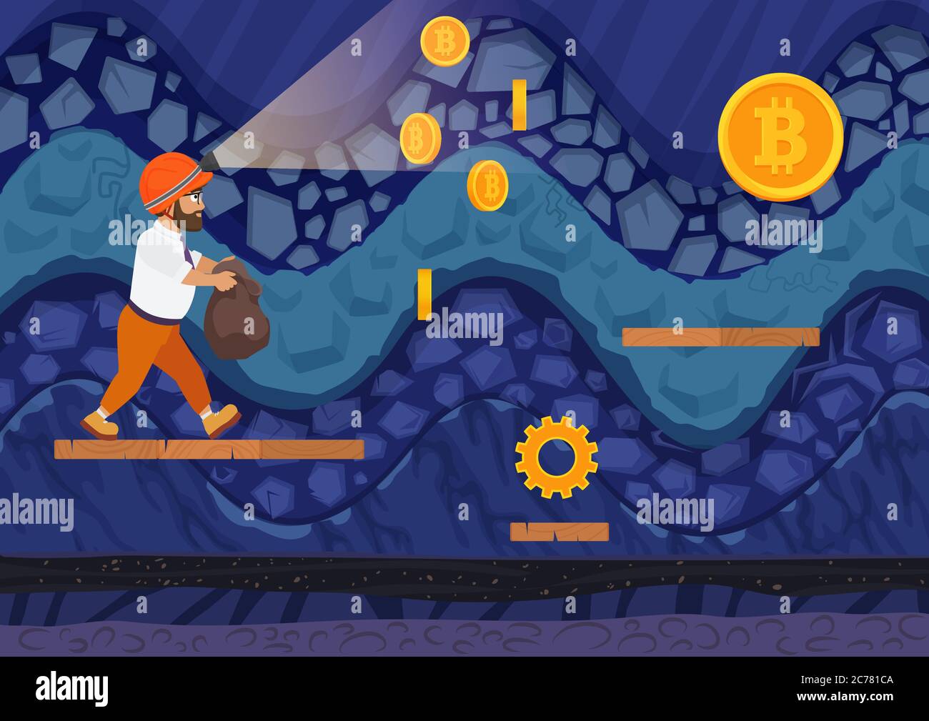 Side view of man walking with bag for bitcoins in mine. Cartoon game ...