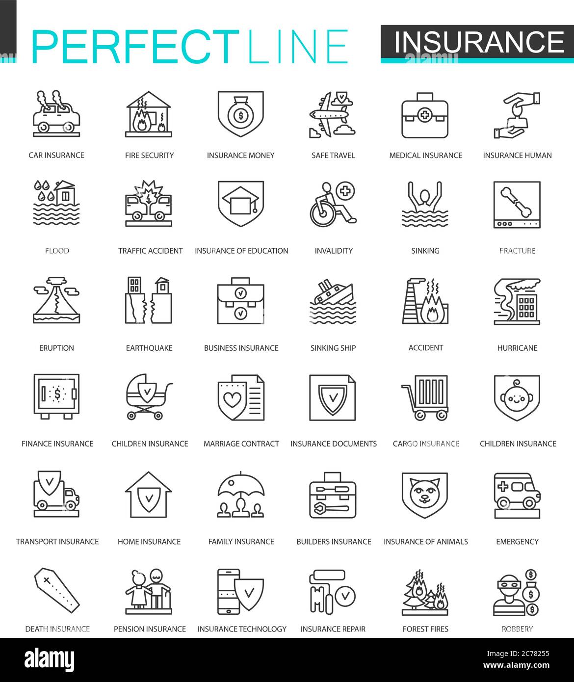 Insurance thin line web icons set. Car, house, health, life insurance ...