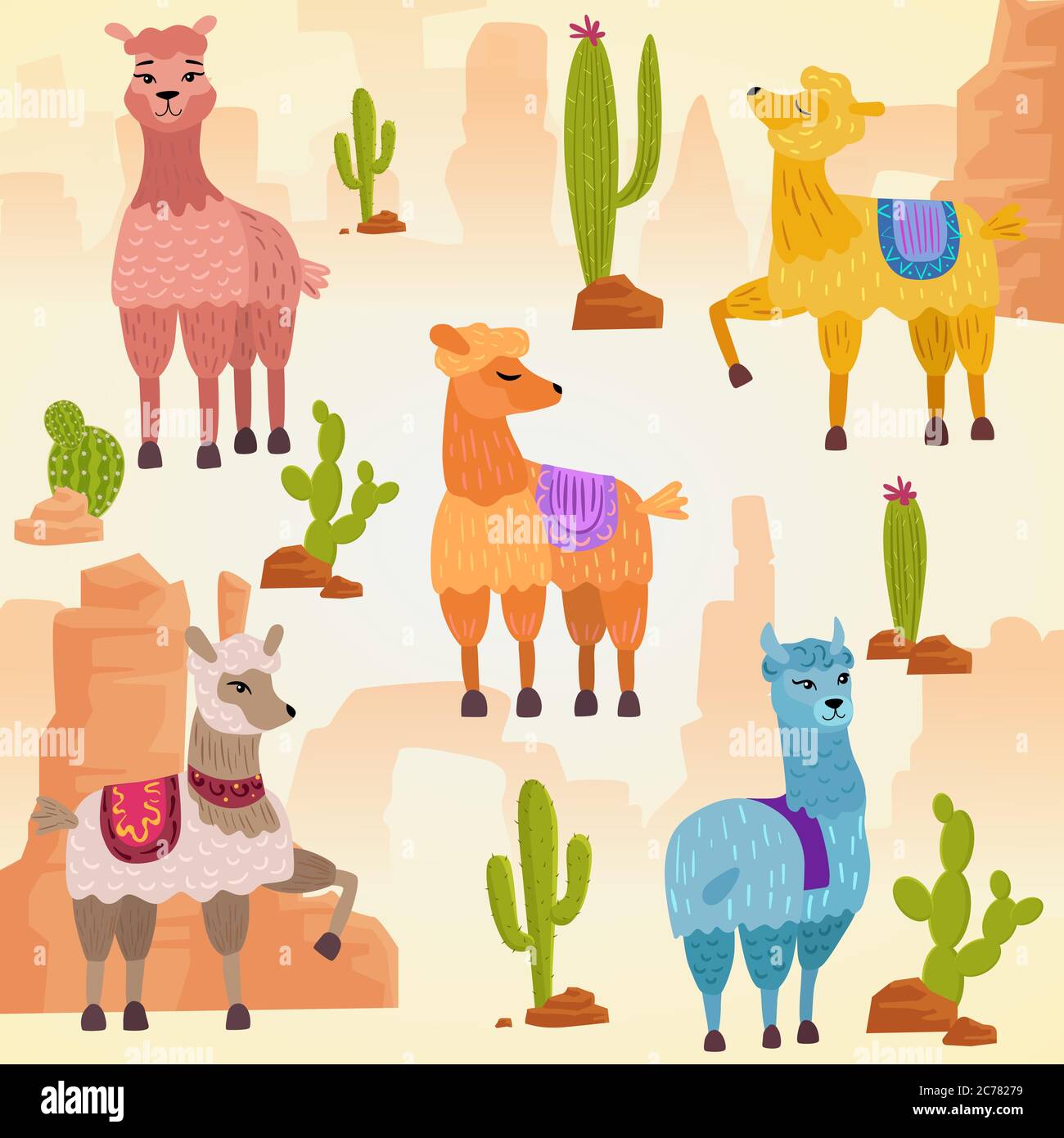 Vector Illustration set of cute vector alpaca lama and cactus with ...