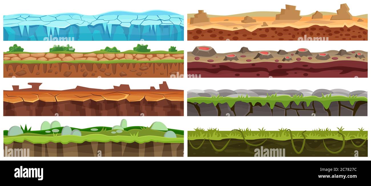 Seamless cartoon vector landscape floor elements set. Ground floor ...