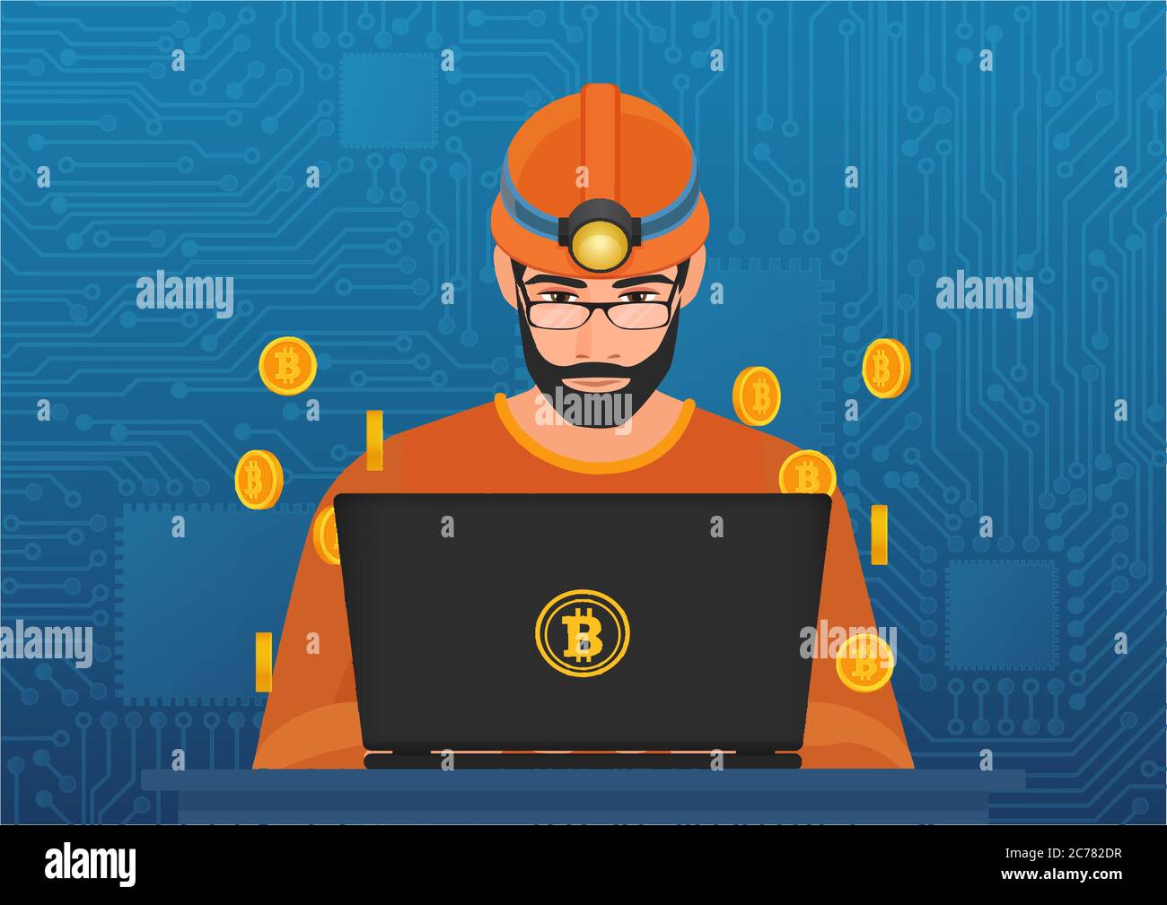 Vector illustration of young man in hardhat sitting at laptop and ...