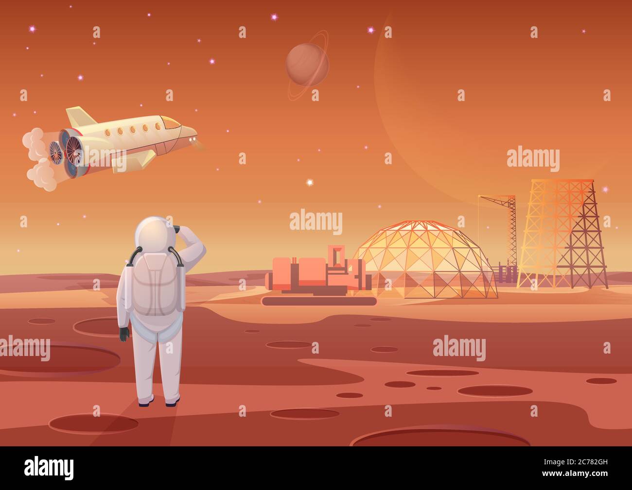 Vector illustration of astronaut standing at Mars colony and looking at ...