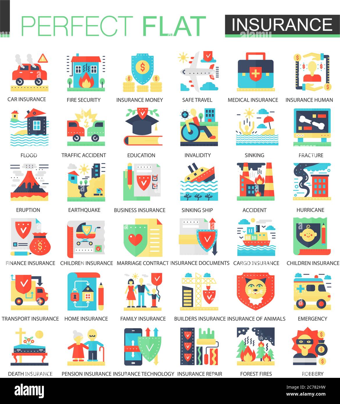 Health, car, house Insurance vector complex flat icon concept symbols ...