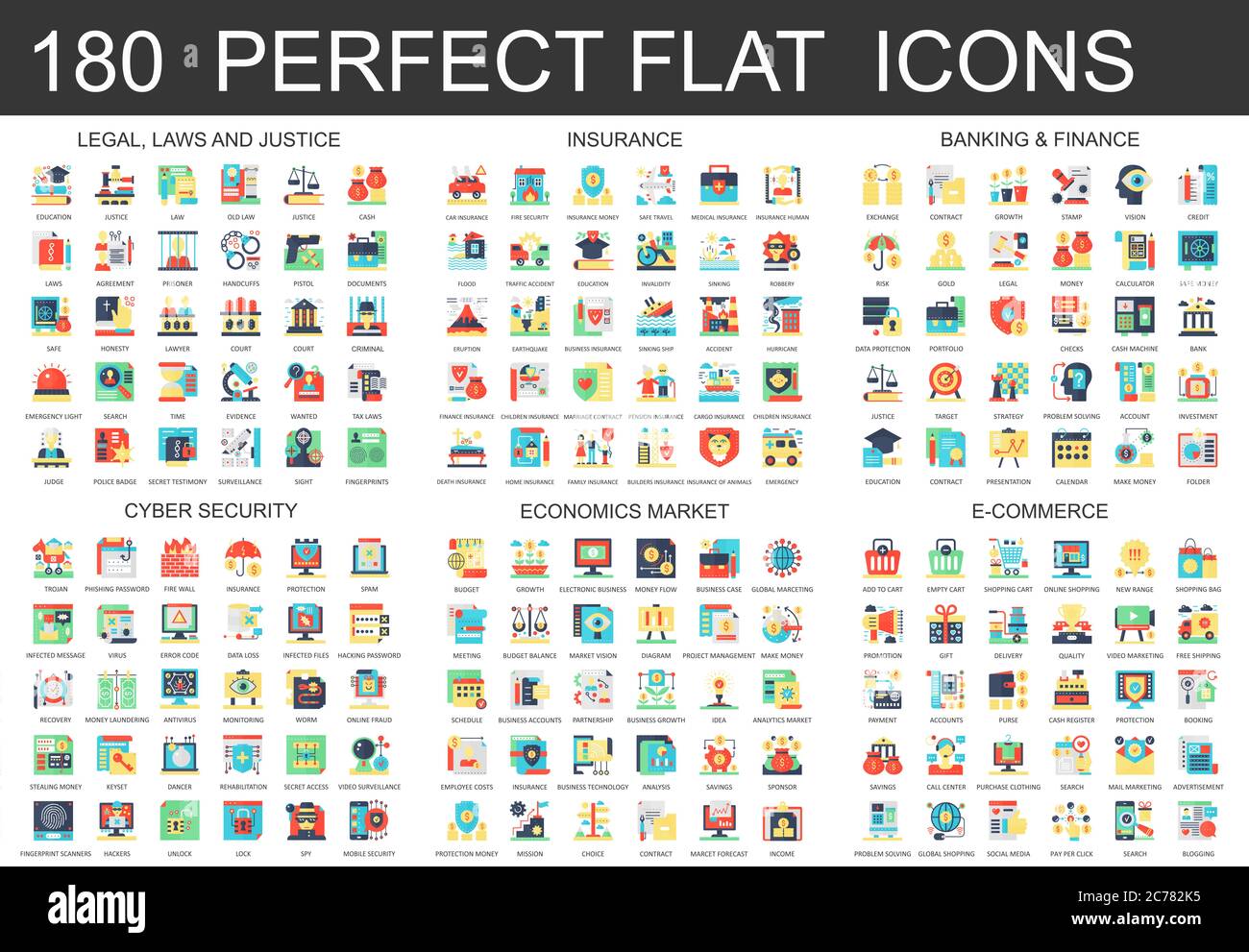 180 complex flat icons concept symbols of legal, laws and justice ...