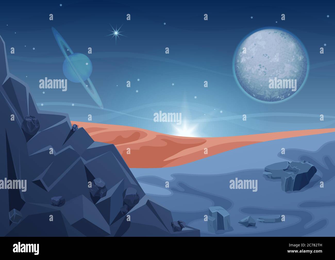 Fantasy alien landscape, another planet nature with rocks and planets ...
