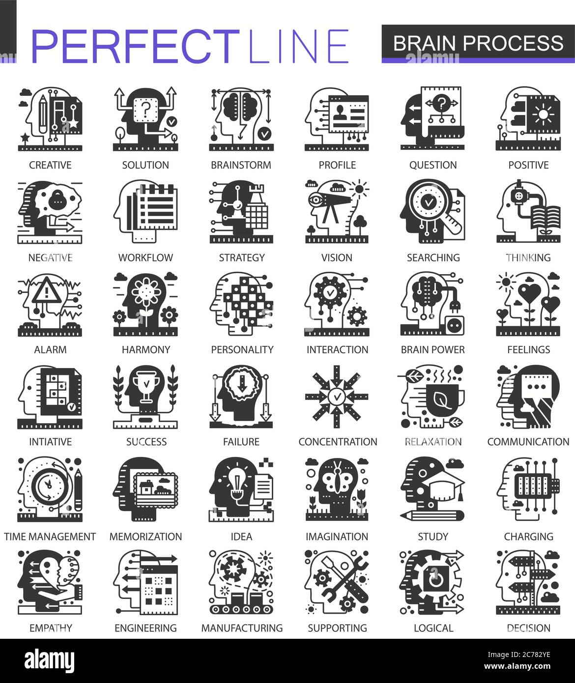 Brain mind process black mini concept icons and infographic symbols set ...