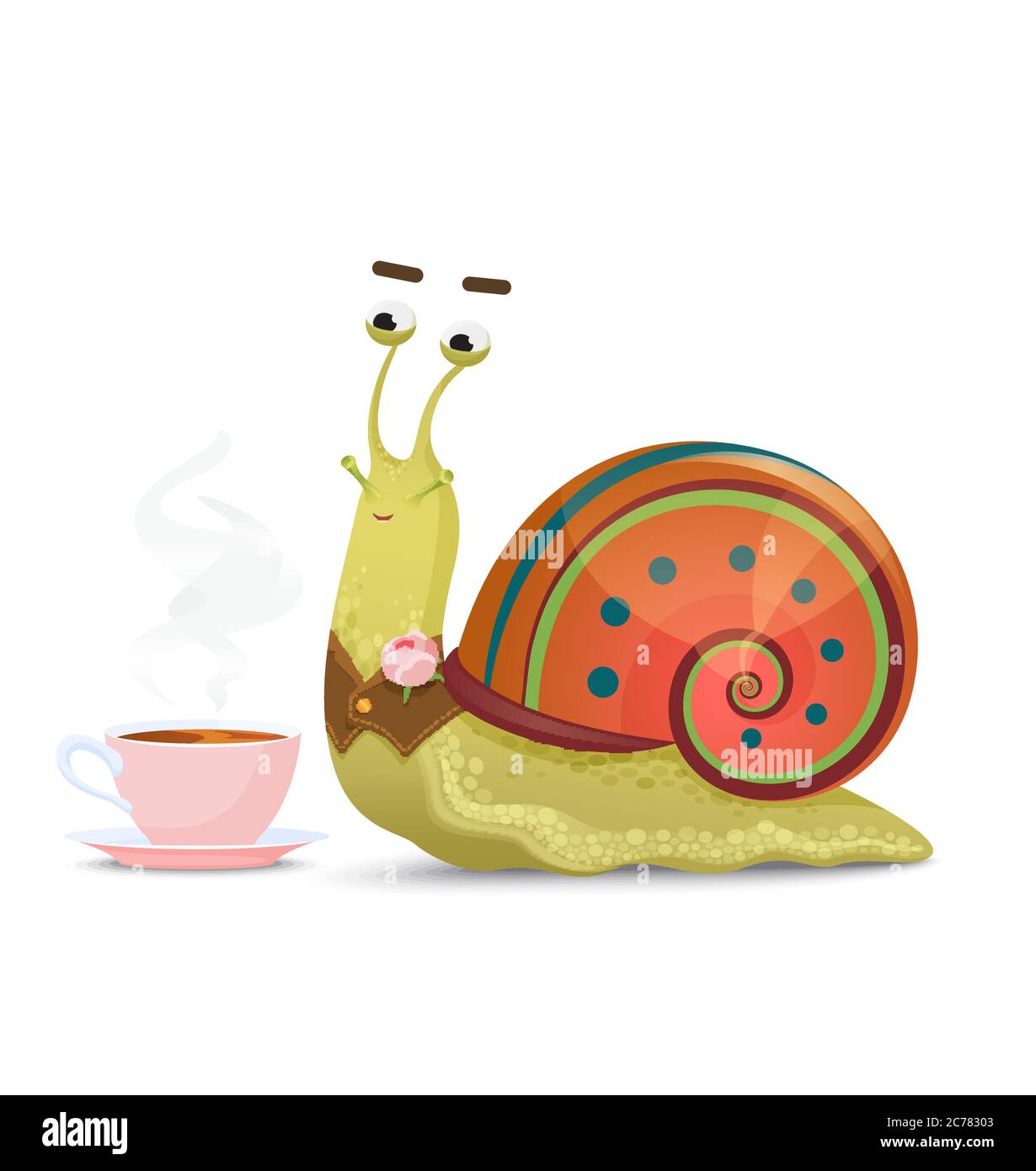 Cute snail gentleman sitting with cup of tea or Coffee isolated on ...