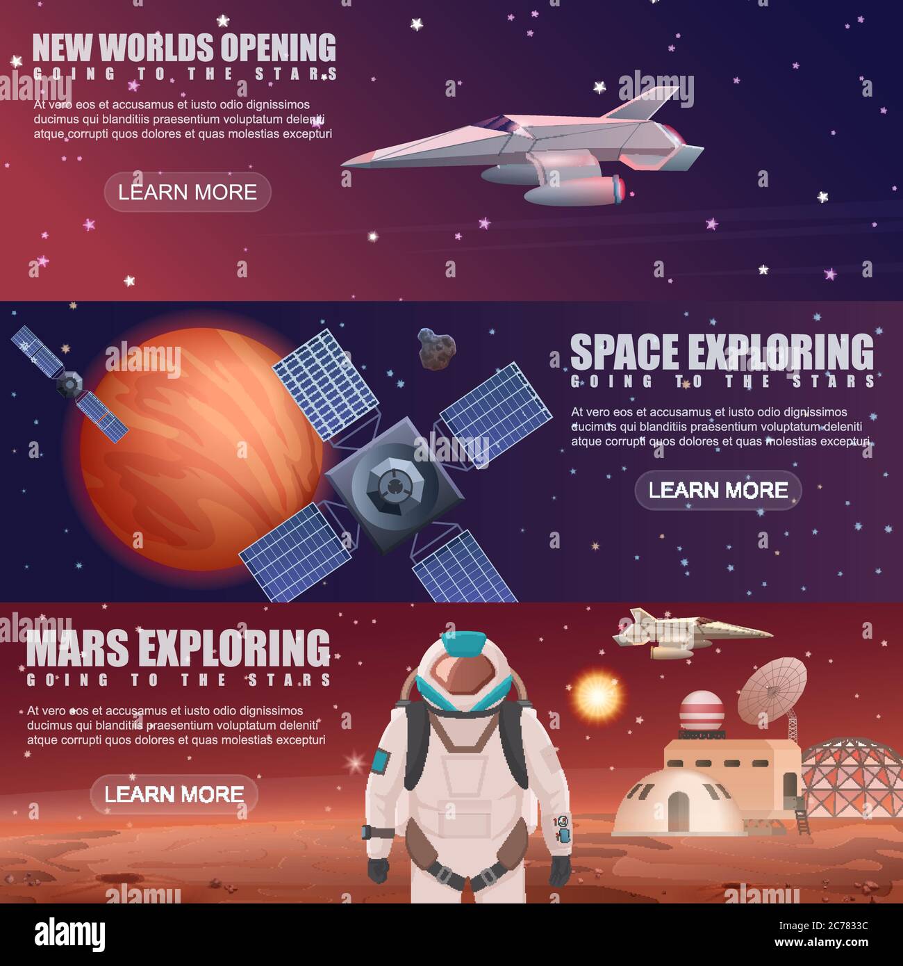 Vector illustration of different banners with planets colonization ...