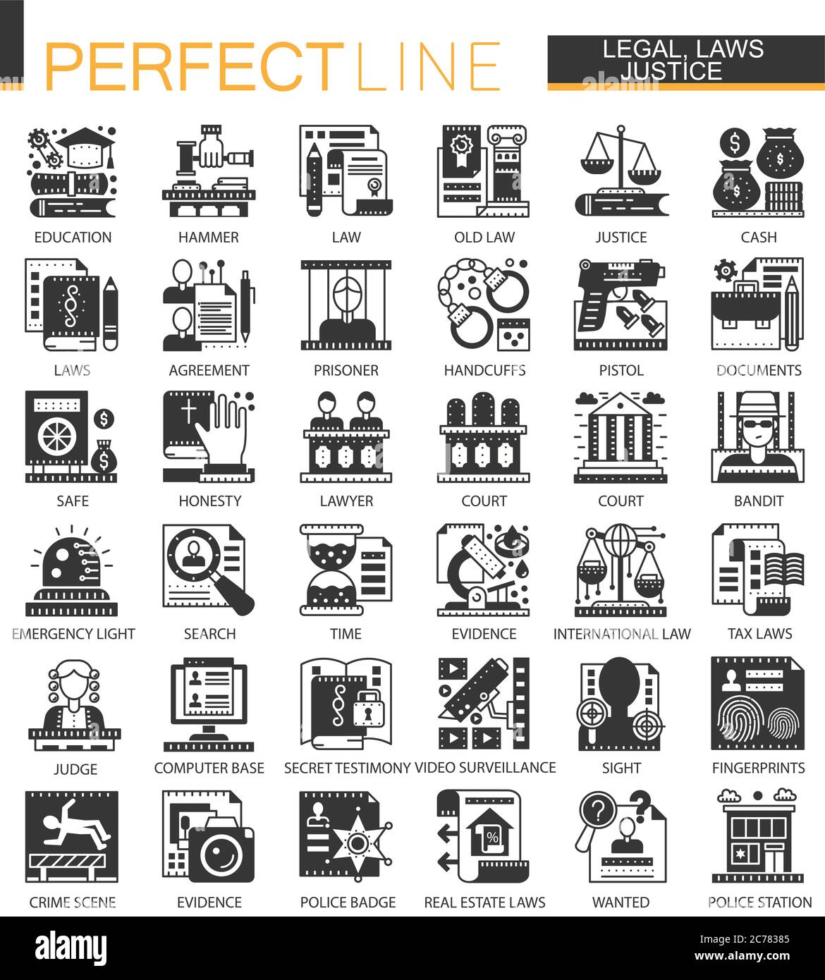 Vector Legal, law and justice black mini concept icons and infographic ...