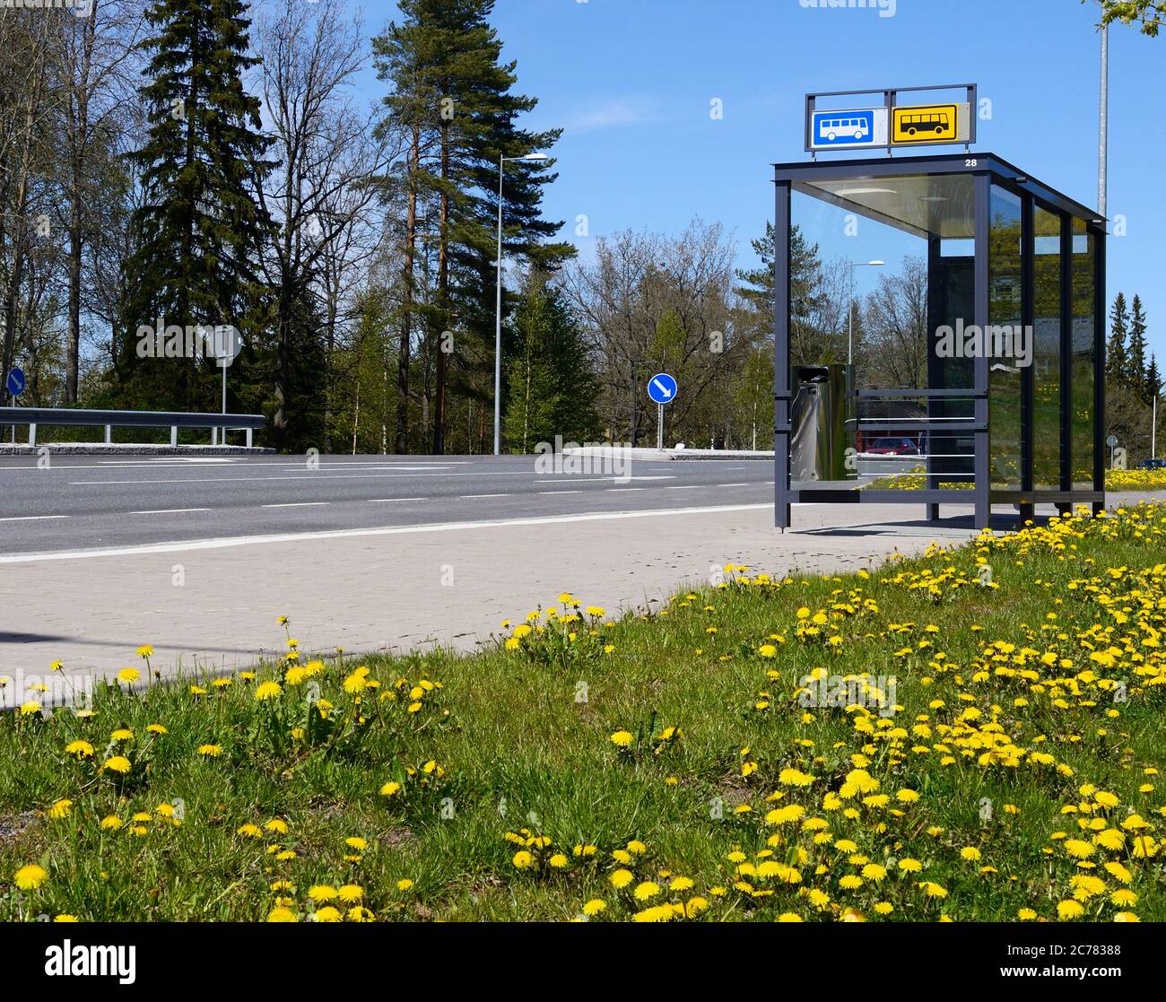 bus stop outside the city and yellow flowers on the lawn in Finland ...