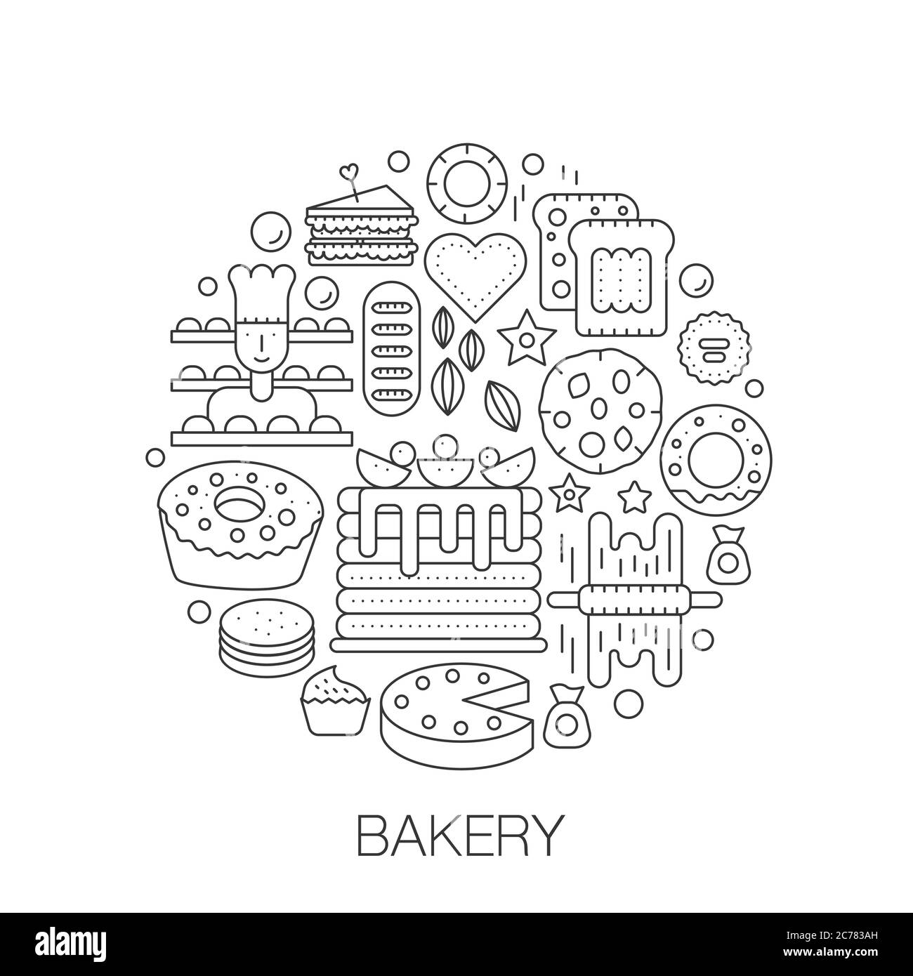 Bakery pastry in circle - concept line illustration for cover, emblem ...