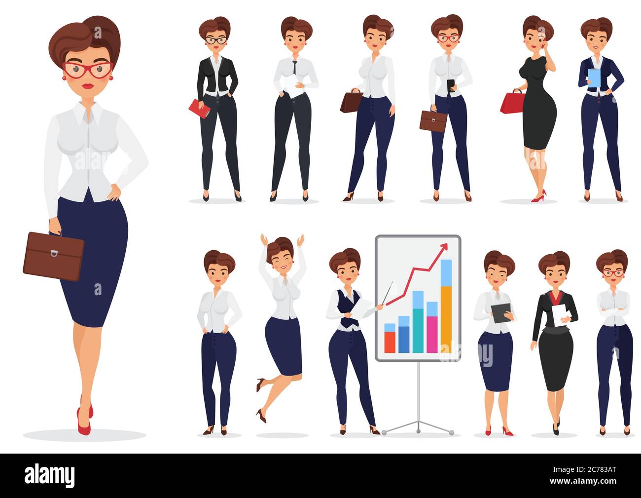 Pretty businesswoman lady character different poses design set. Vector ...