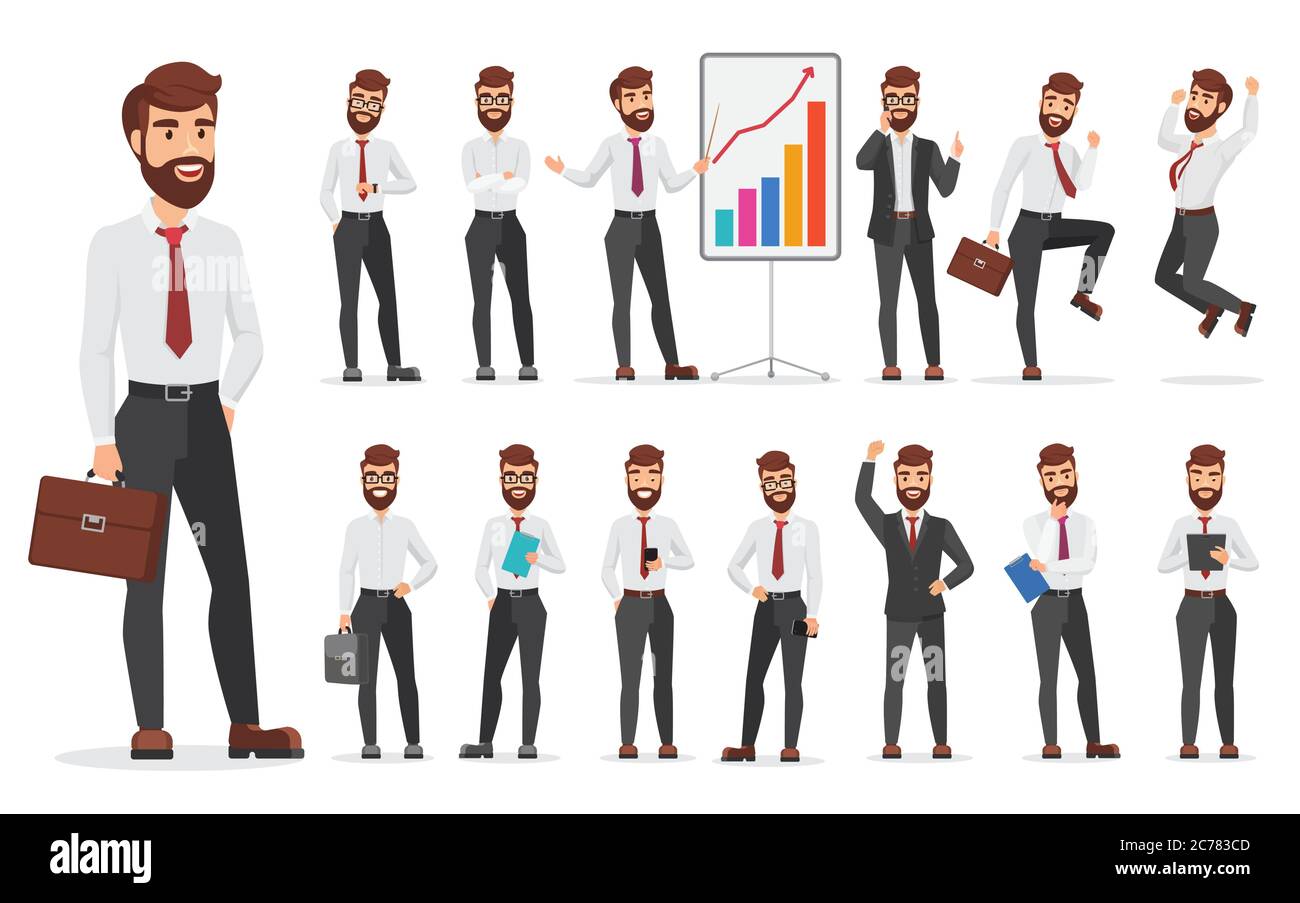 Handsome office businessman character different poses design. Vector ...