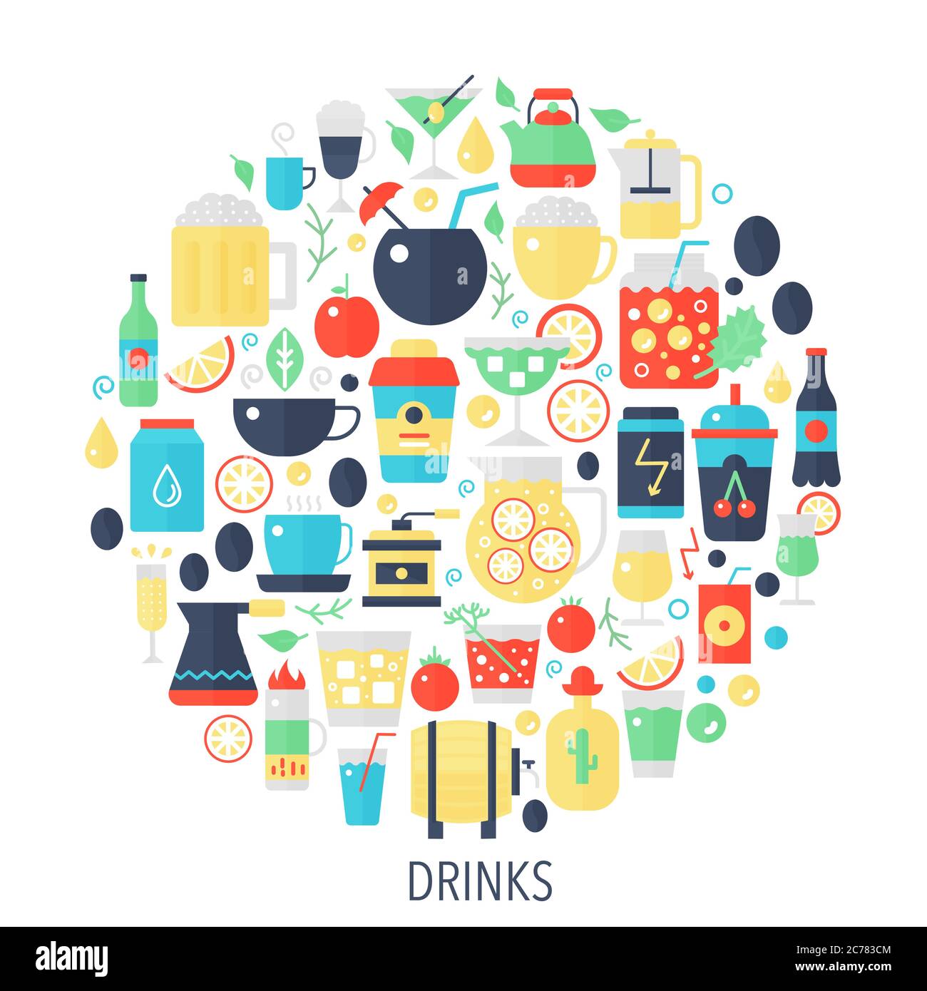 Drinks alcohol, coffee, tee infographics icons in circle - color ...