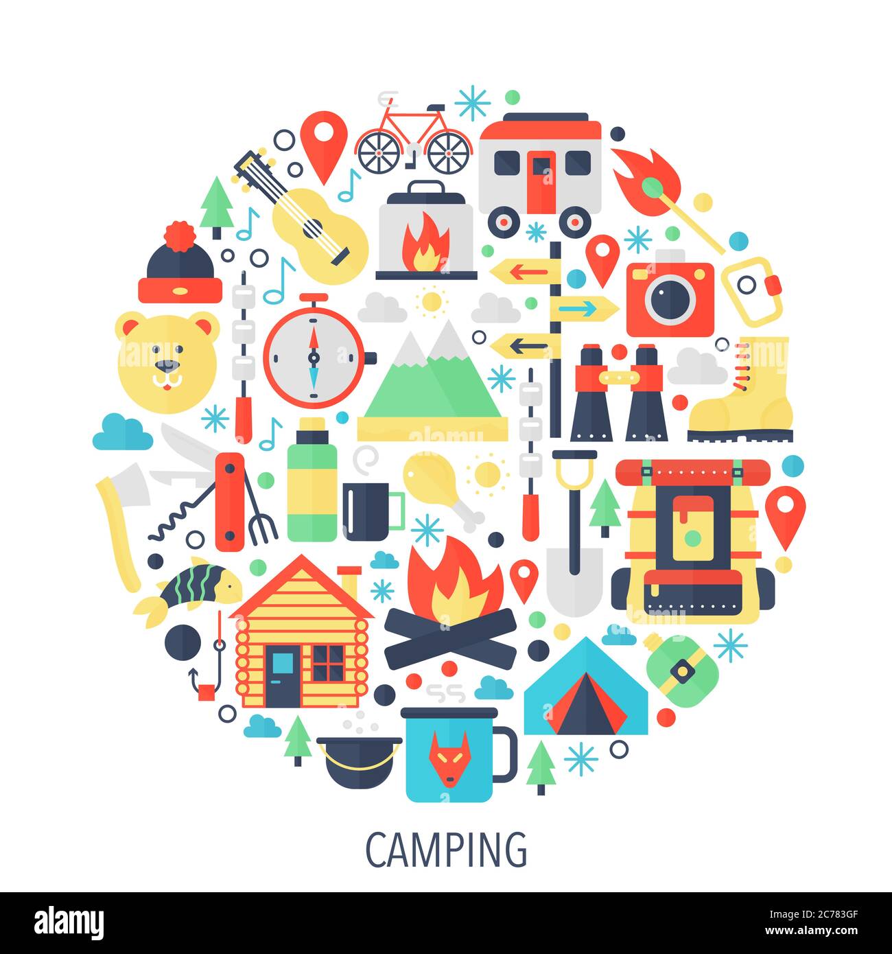 Camping flat infographics icons in circle - color concept illustration ...