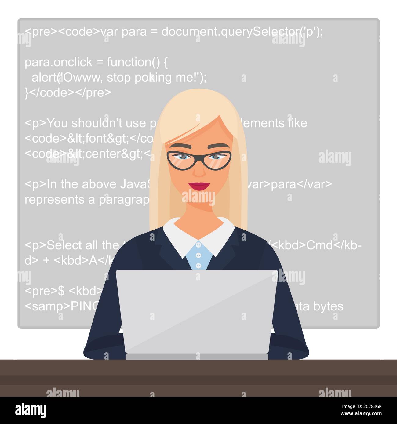 Vector Young Pretty Beautiful Blond Lady Black Programmer Sitting At The Desktop And Working On