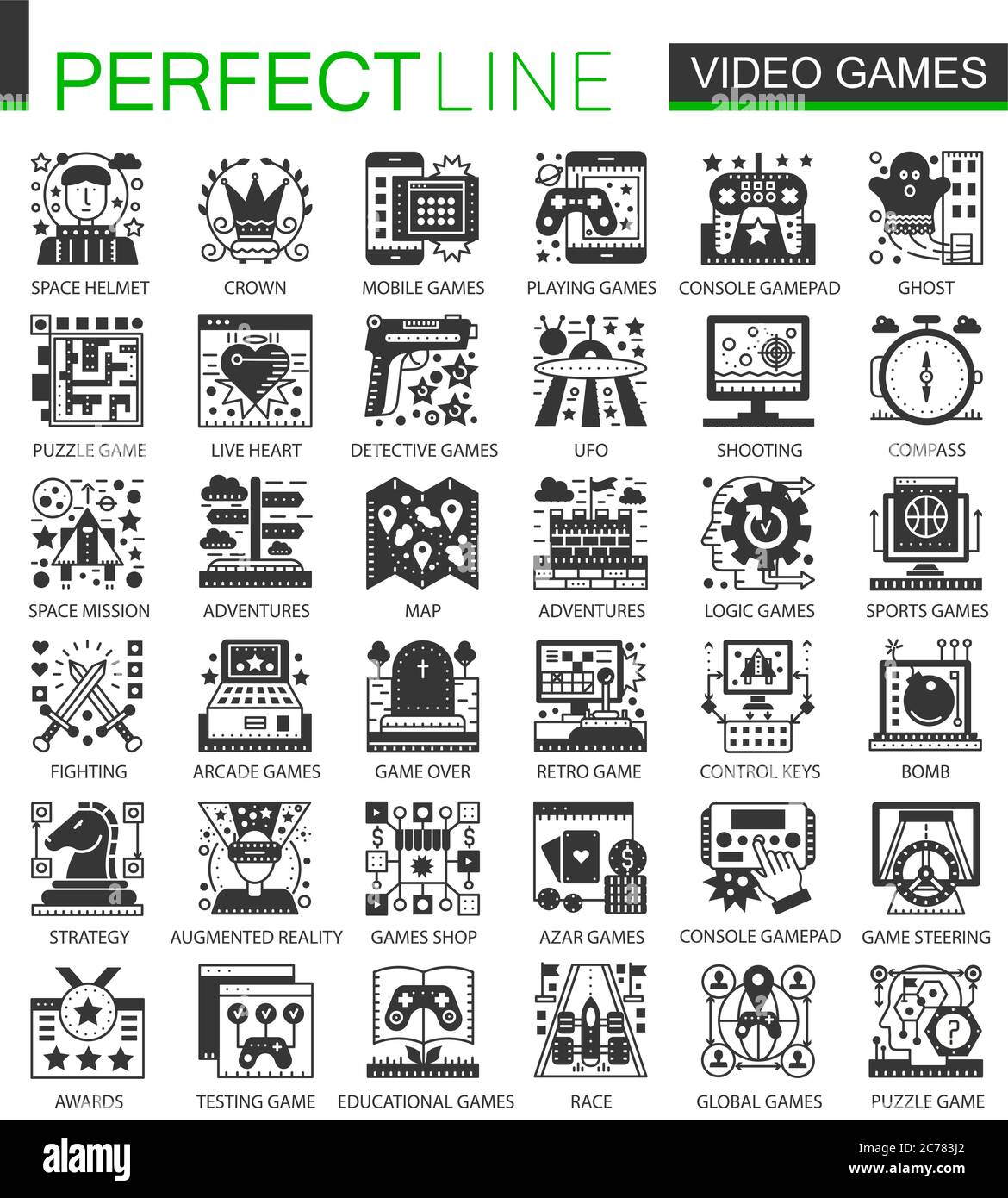 Vector Video games classic black mini concept icons and infographic ...
