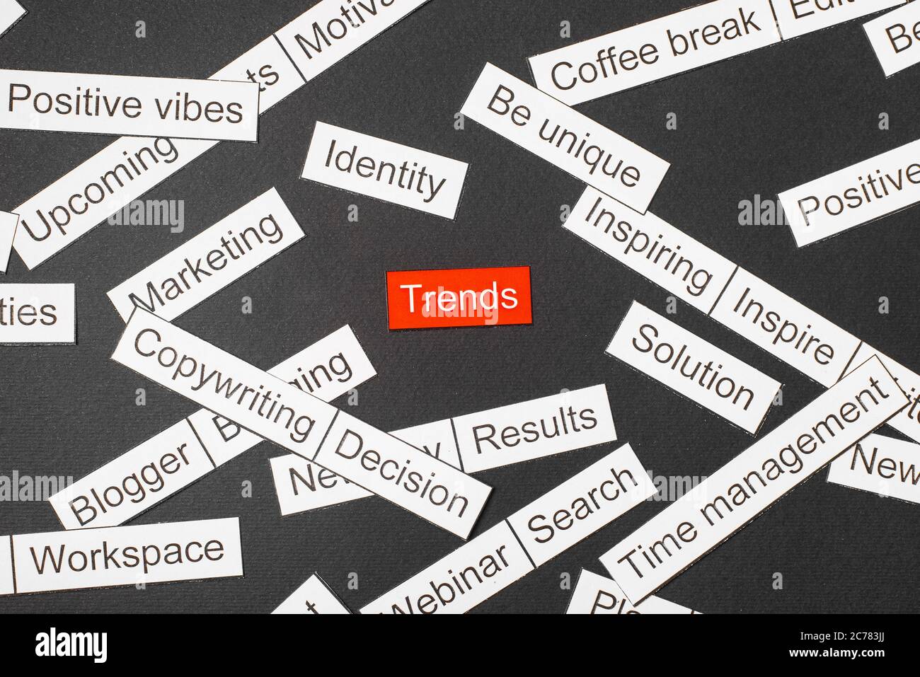 Cut paper inscription trends on a red background, surrounded by other ...