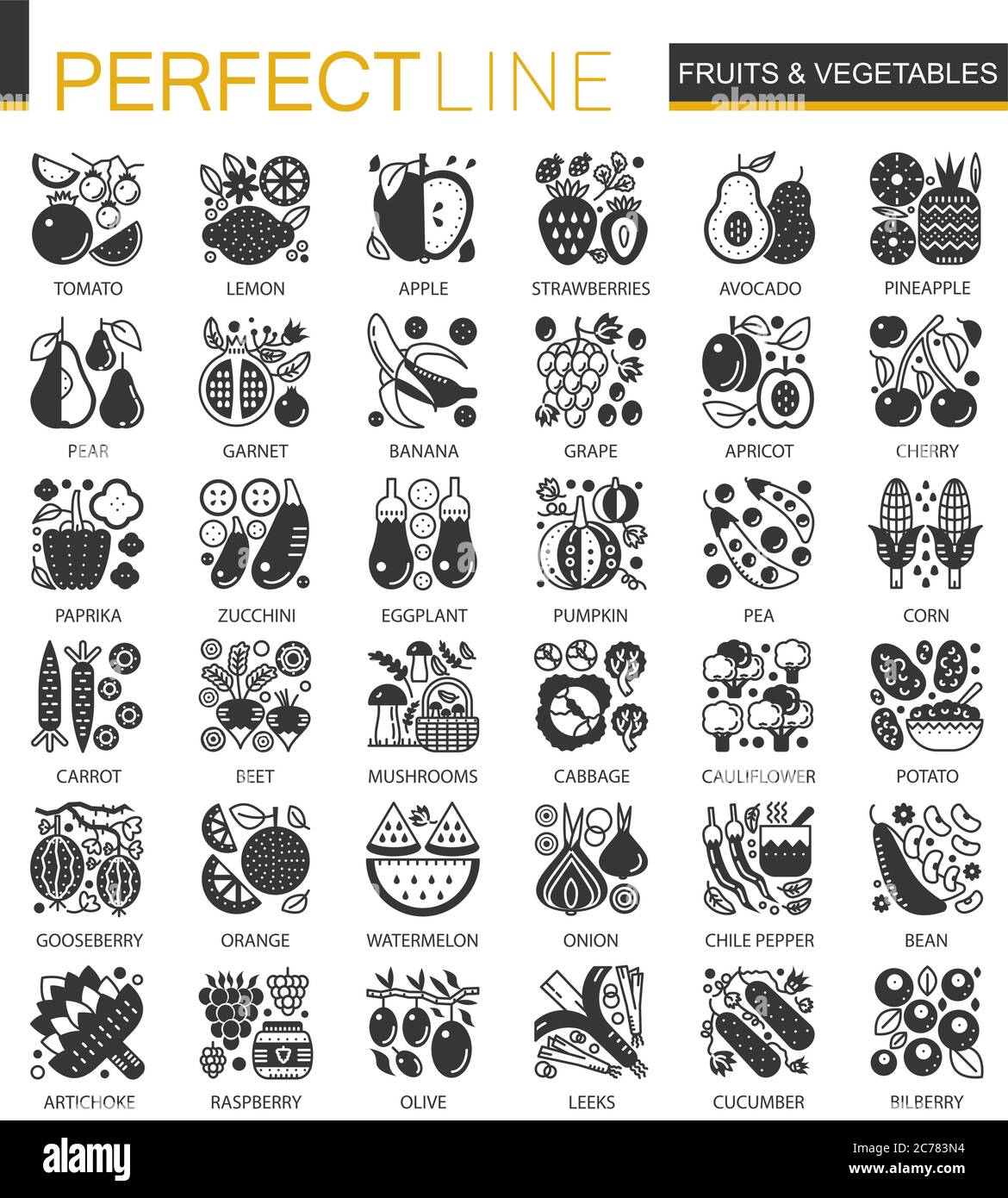 Vector Fruits vegetables black mini concept icons and infographic ...