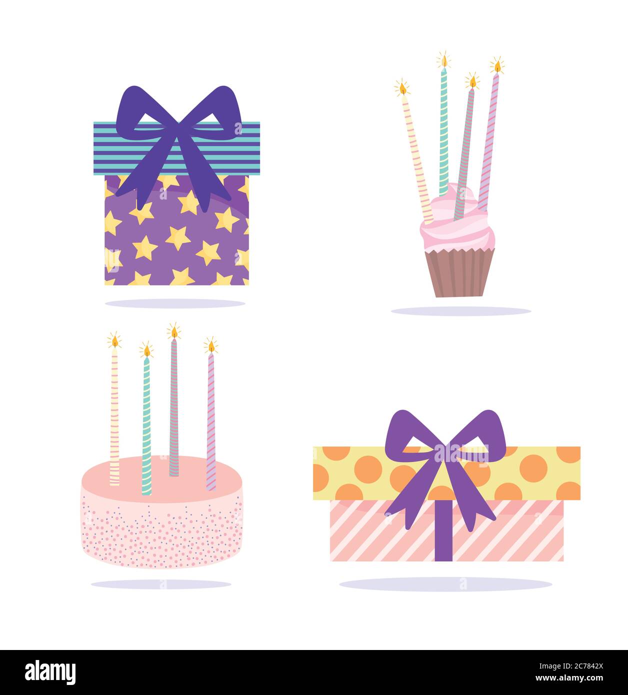 happy birthday, gift boxes cake cupcake and candles icons cartoon ...