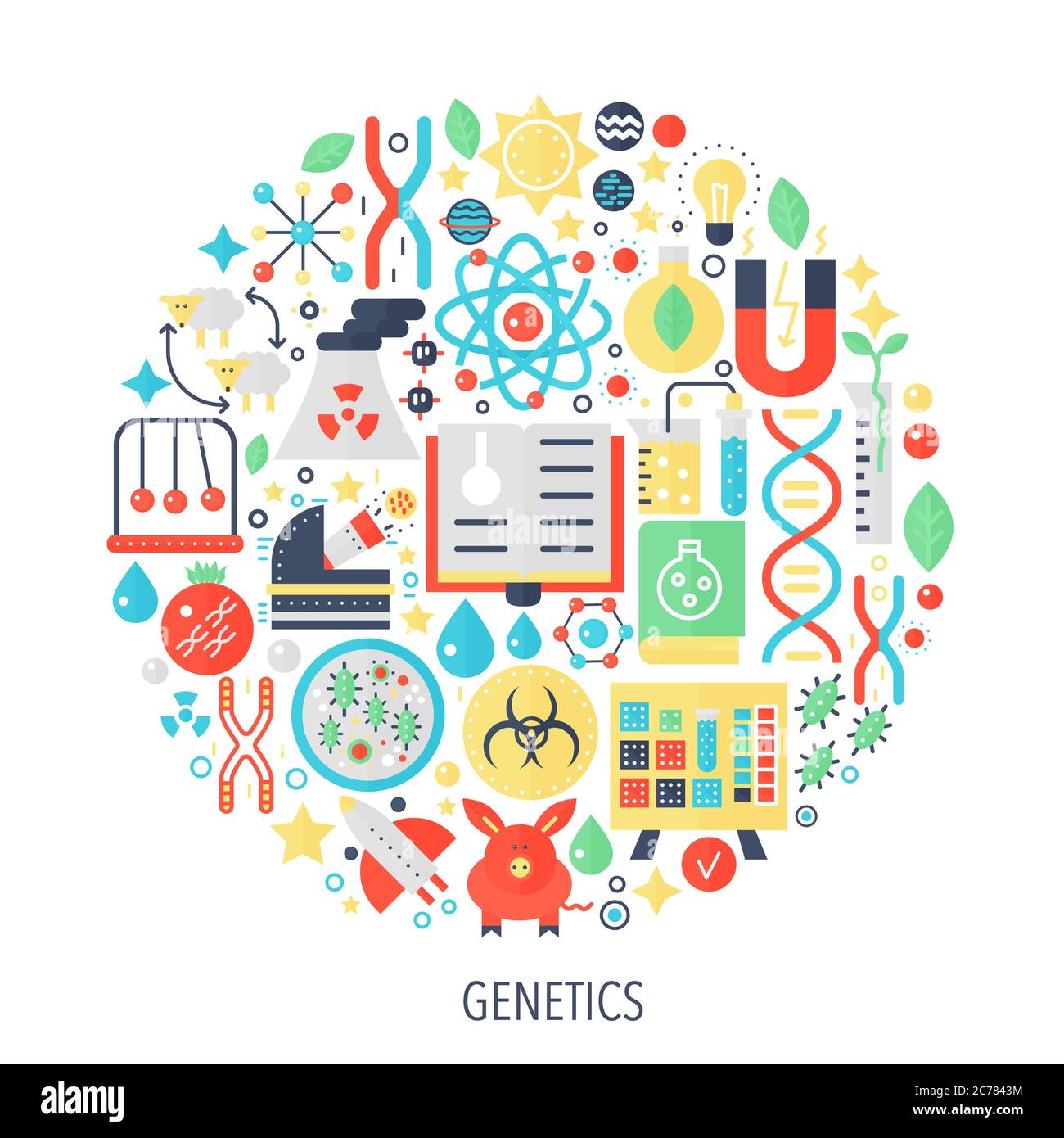 Biochemistry genetics technology flat infographics icons in circle ...