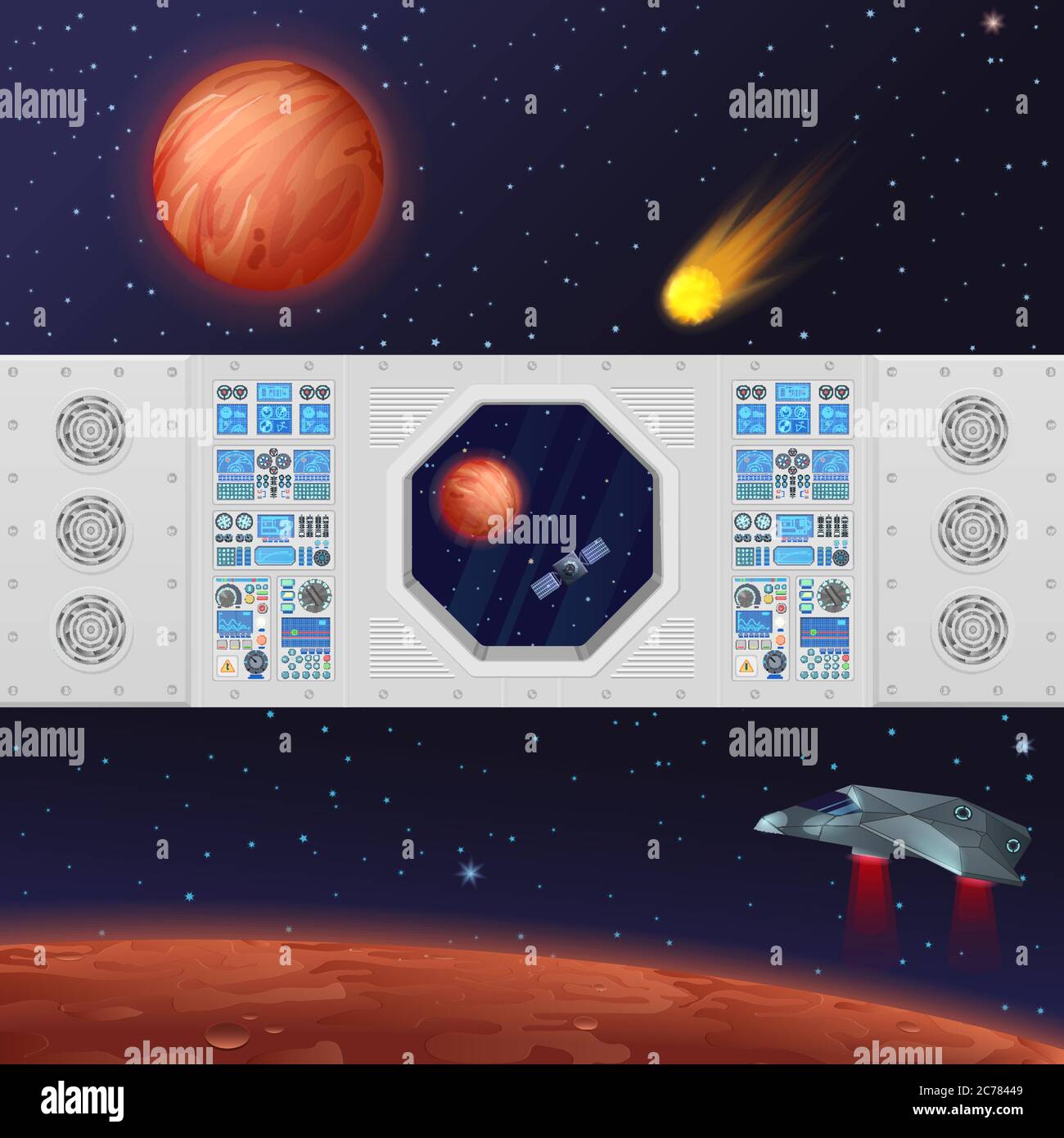 View from spaceship window with technical equipment, Mars planet and ...