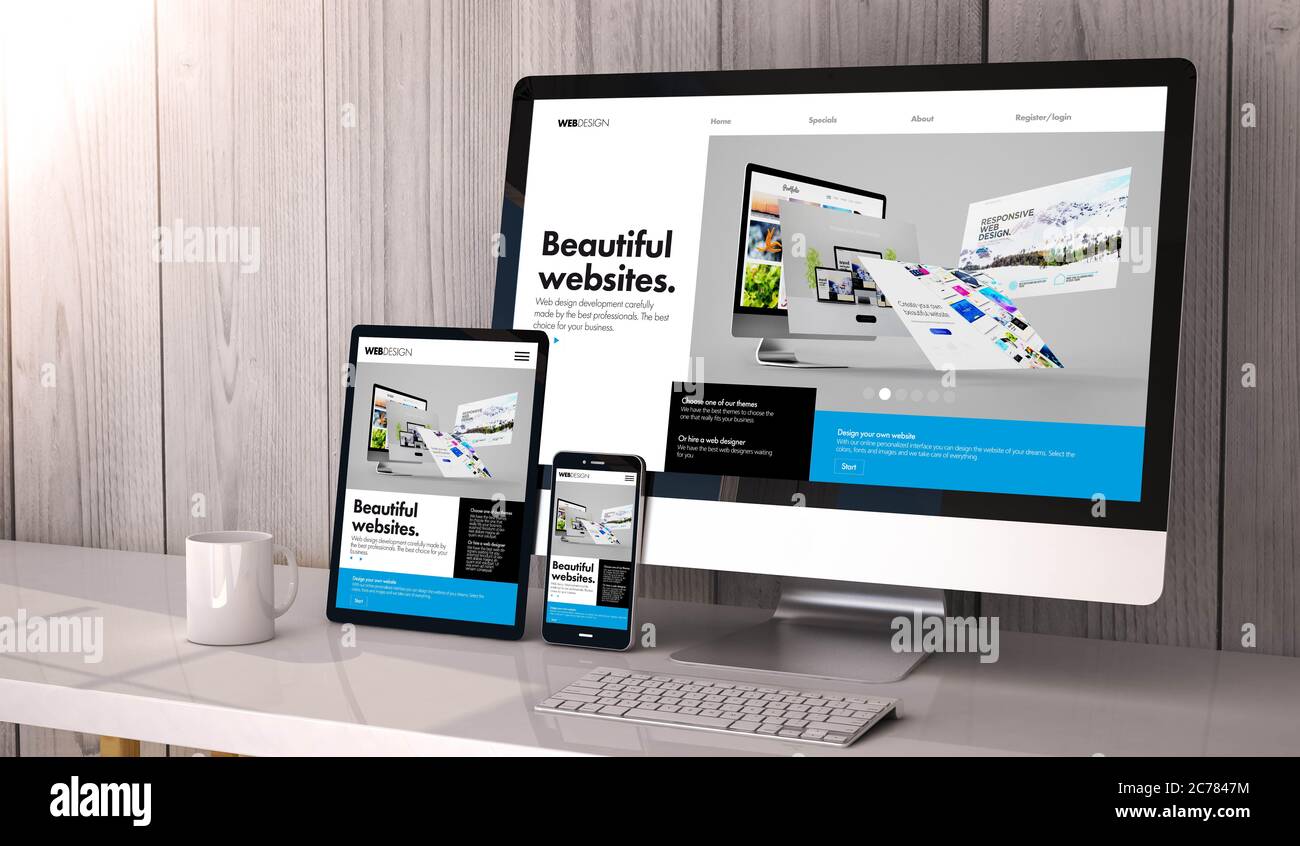 Digital generated devices on desktop, responsive cool website builder design on screen. All ...
