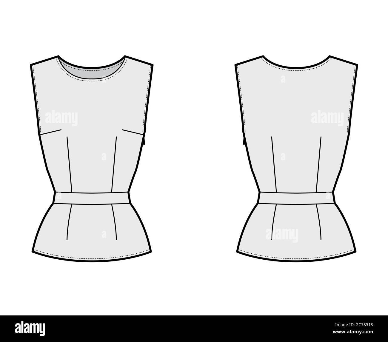 Belted top technical fashion illustration with round neck, sleeveless ...