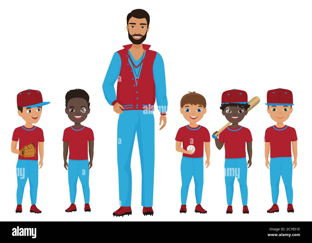 Little school kids baseball team with a coach. Vector illustration ...