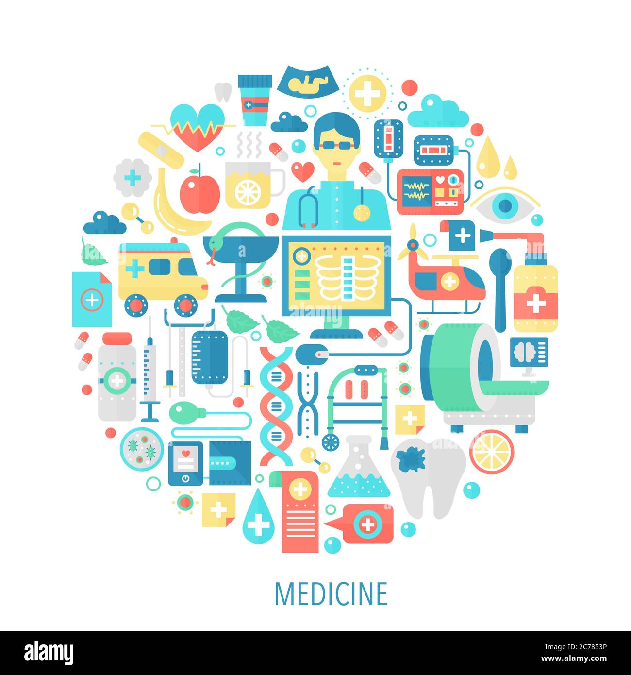 Medical and healthcare flat infographics icons in circle - color ...