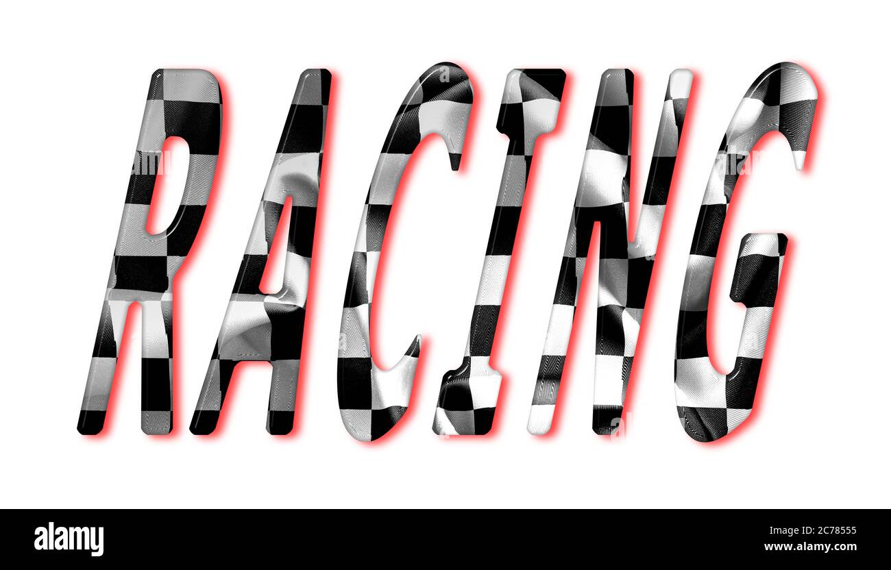 Racing word with a chequered flag effect and red shadows on an isolated ...