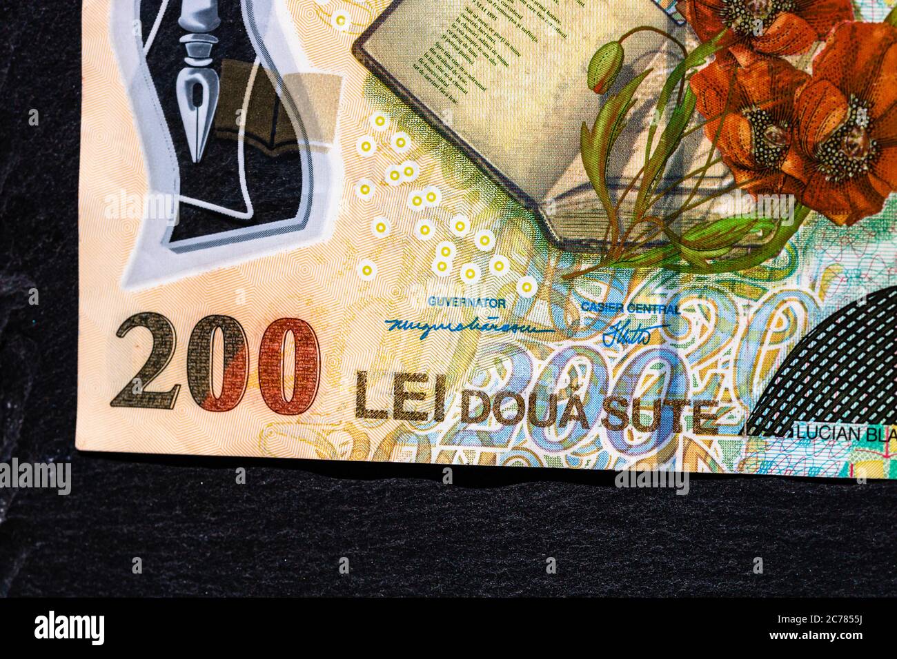 Selective focus on detail of lei banknotes. Close up macro detail of ...