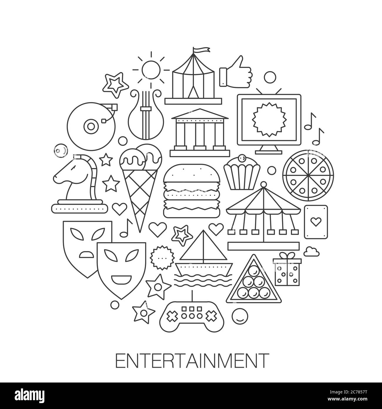 Entertainment in circle - concept line illustration for cover, emblem ...