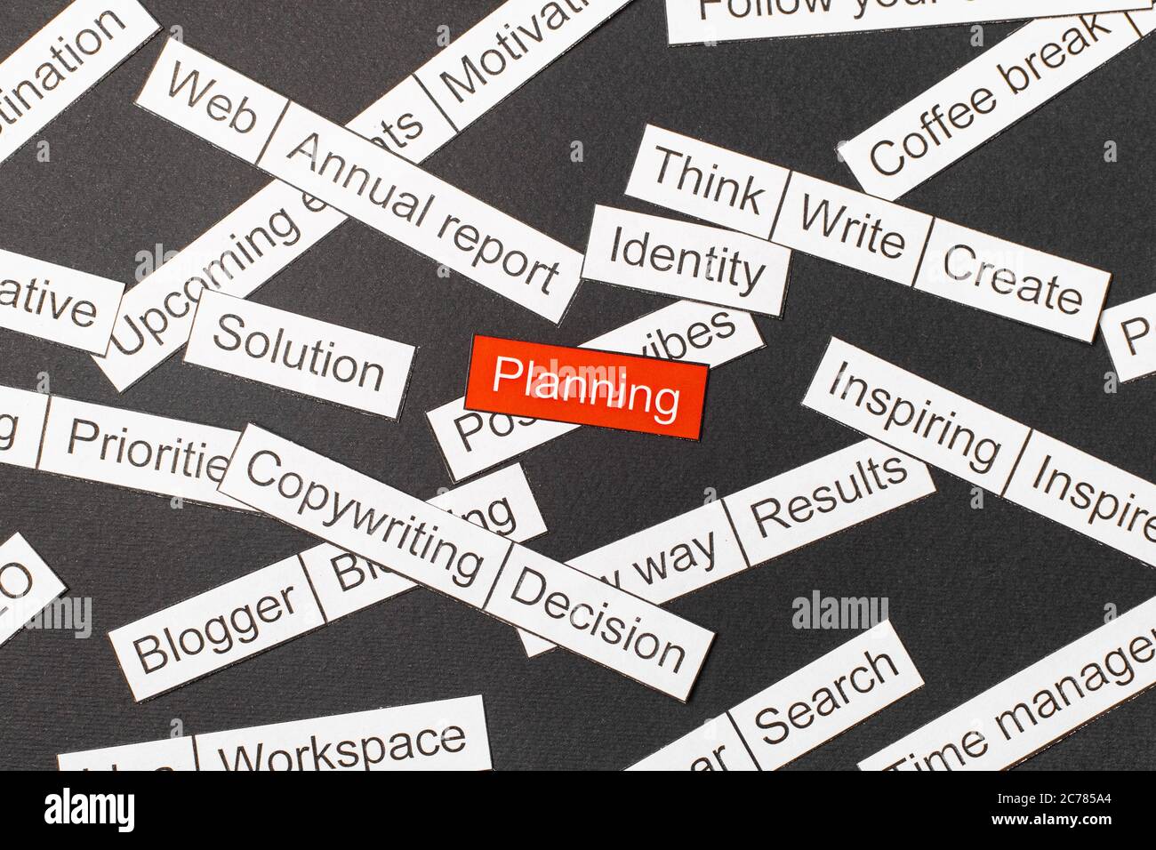 Cut paper inscription planning on a red background, surrounded by other ...