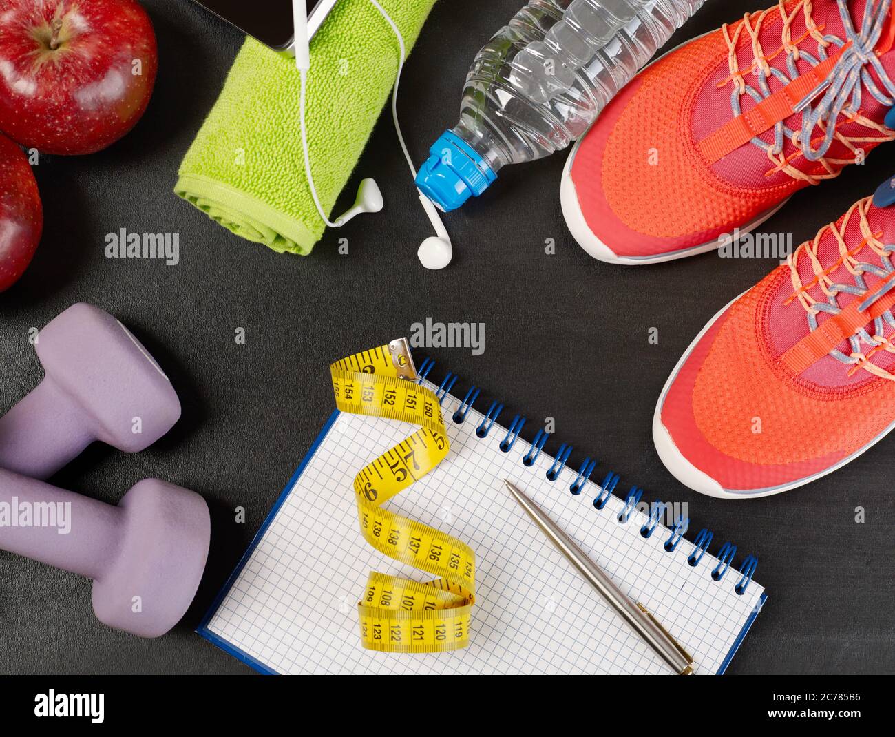 Fitness equipment on blackboard with copy space Stock Photo - Alamy