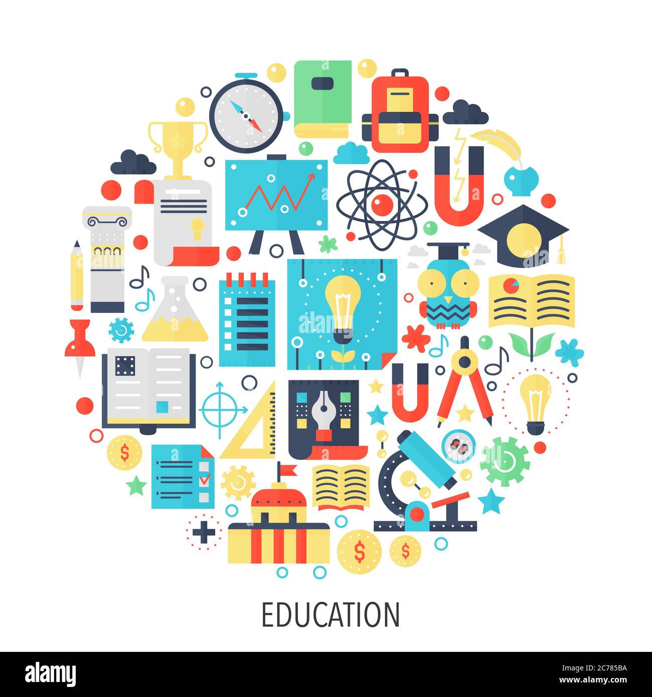 University, school Education flat infographics icons in circle - color ...